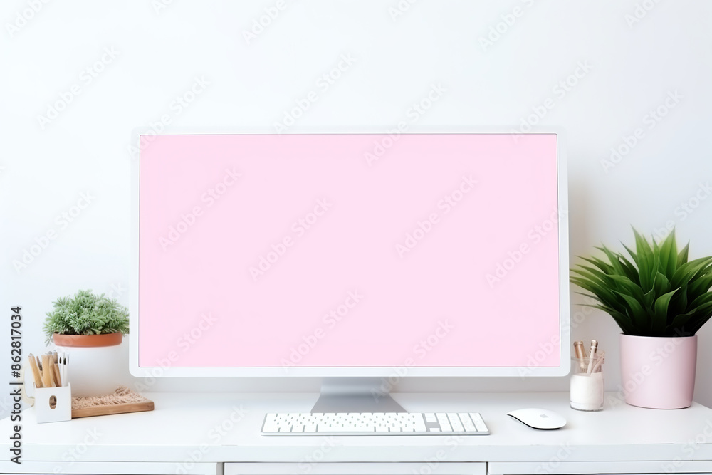 empty White screen on Desktop monitor, placed in Office environment ...