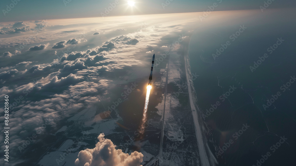Intercontinental nuclear rocket flying in the sky over coast line of ...