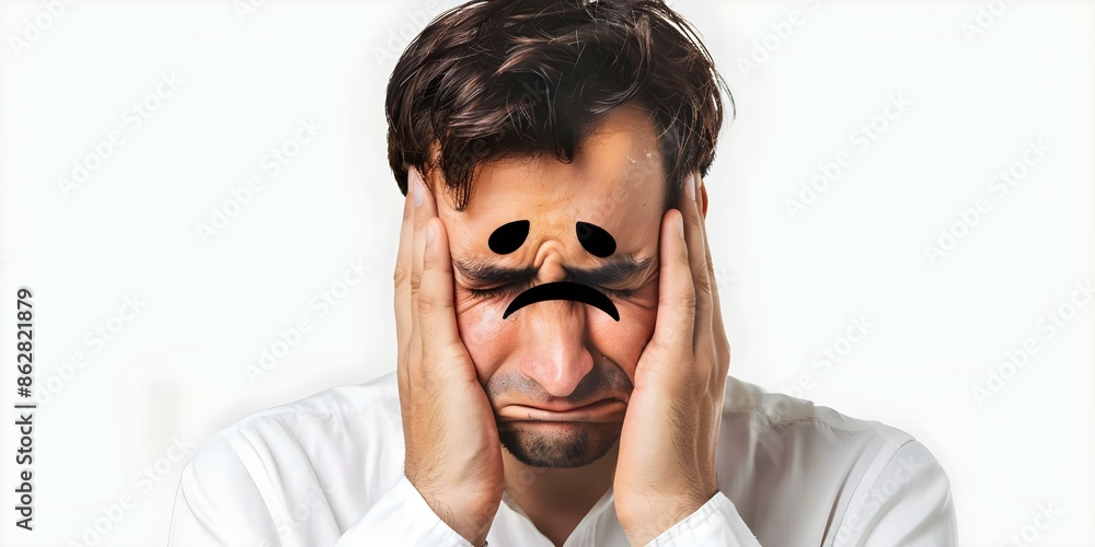 Man with head in hands crying emoticon isolated on white background ...