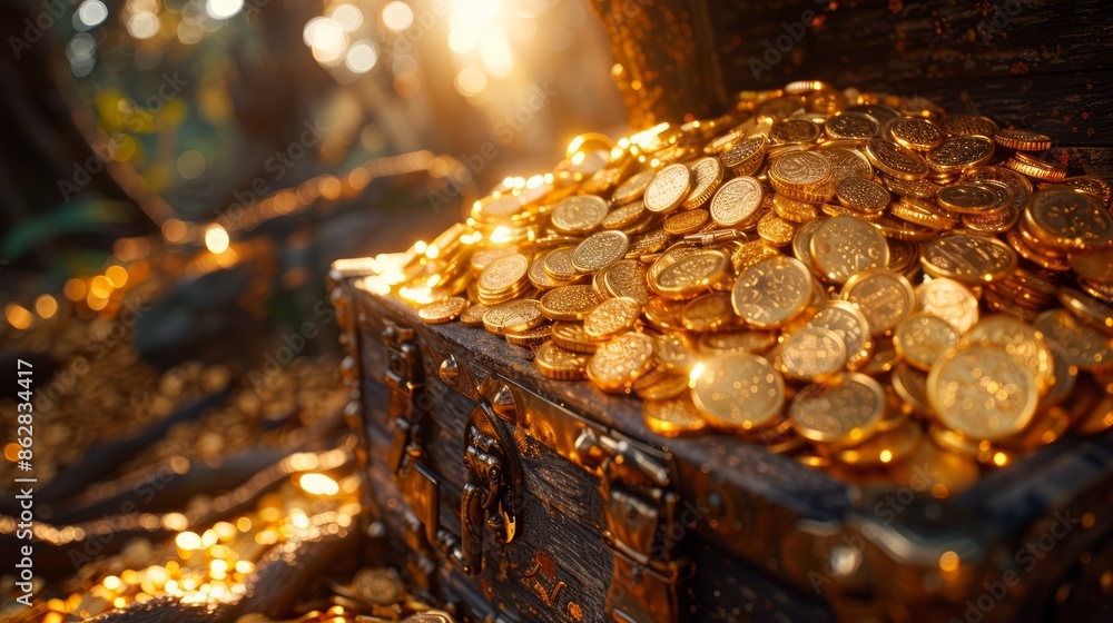 Gold coins overflowing from a treasure chest, spilling onto the ground ...