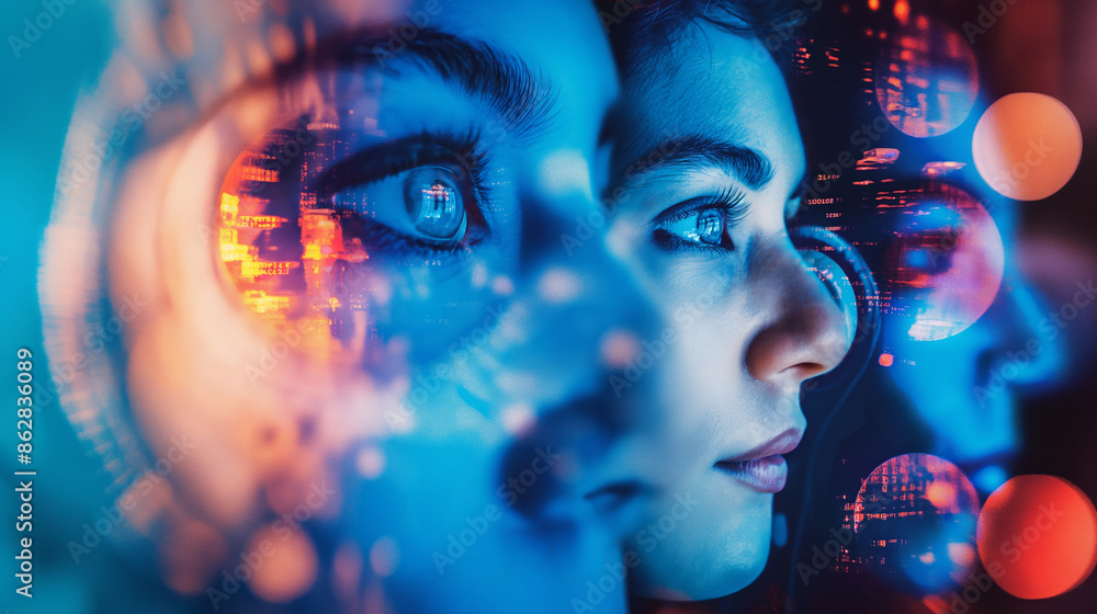 A woman's face is reflected in a blue and orange background. Concept of ...