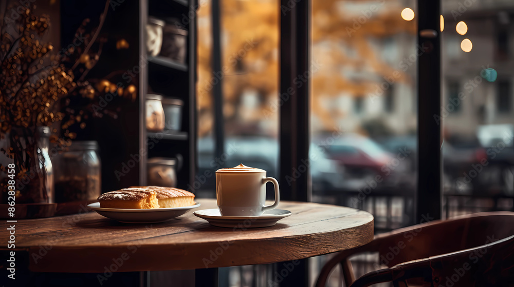 This stunning coffee shop photograph featuring a cozy shelf and table ...