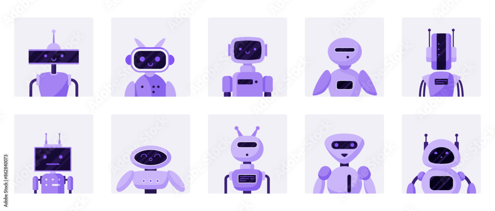 Chatbot avatars set. Purple cute robot assistant heads with antenna and ...