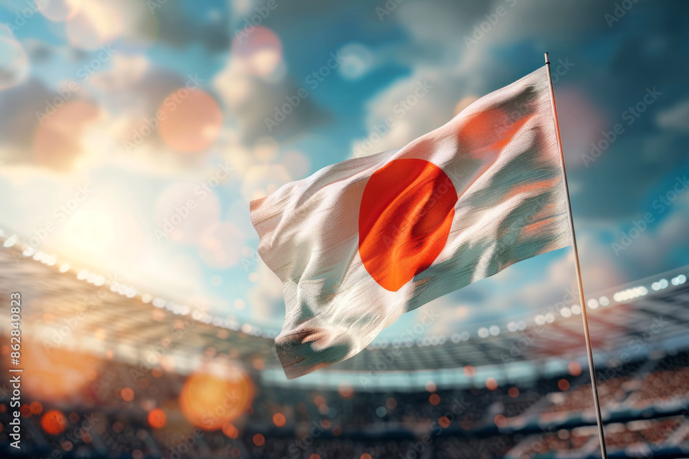 Vibrant stadium filled with fans waving Japanese flags during sunset ...