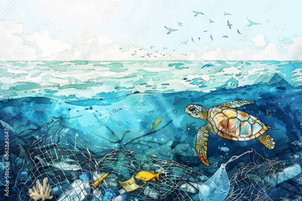Illustration of a sea turtle swimming among plastic pollution in the ...