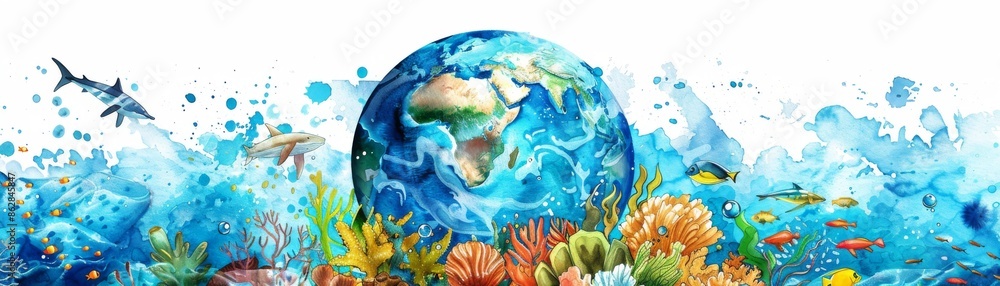Vibrant digital artwork showcasing Earth amidst an underwater scene ...