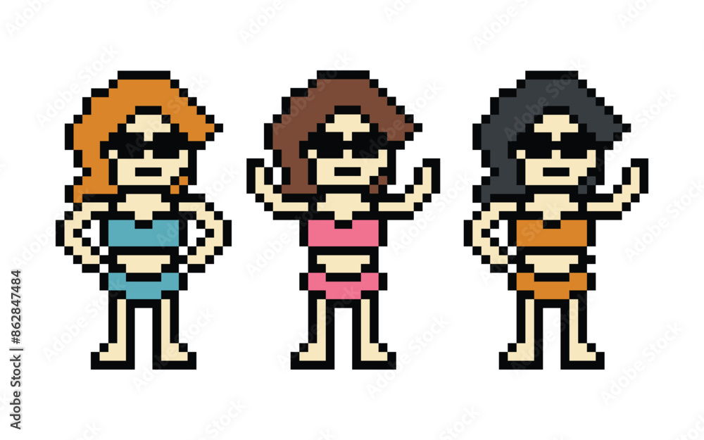 Set of cute pixel cartoon 8bit character woman bikini or swimming suit ...