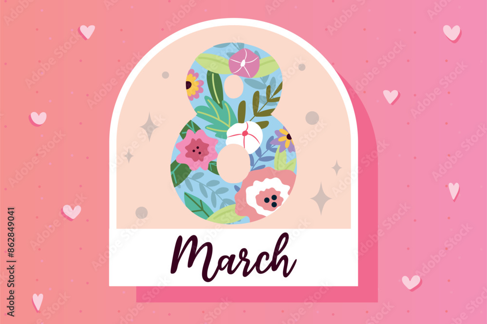 8 March sticker concept in flat cartoon design. The number eight ...