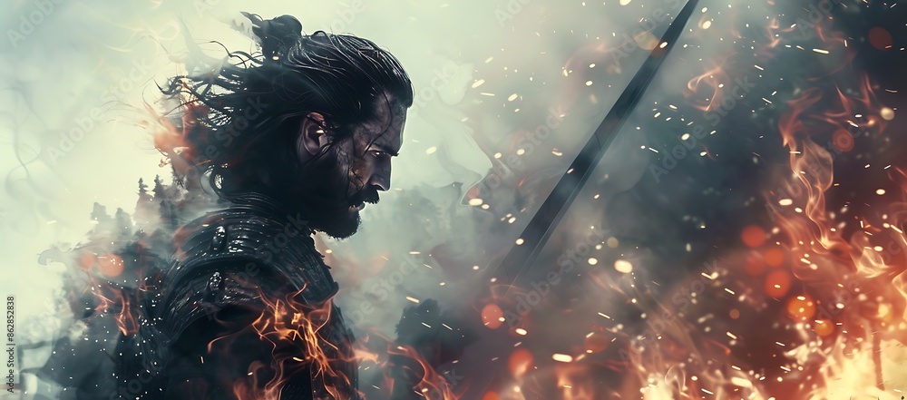 double exposure digital art, the profile view of an angry medieval man ...