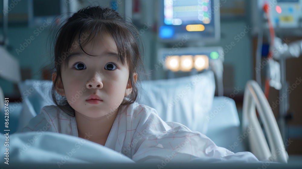 Young asian girl in a hospital bed in a pediatric intensive care unit ...