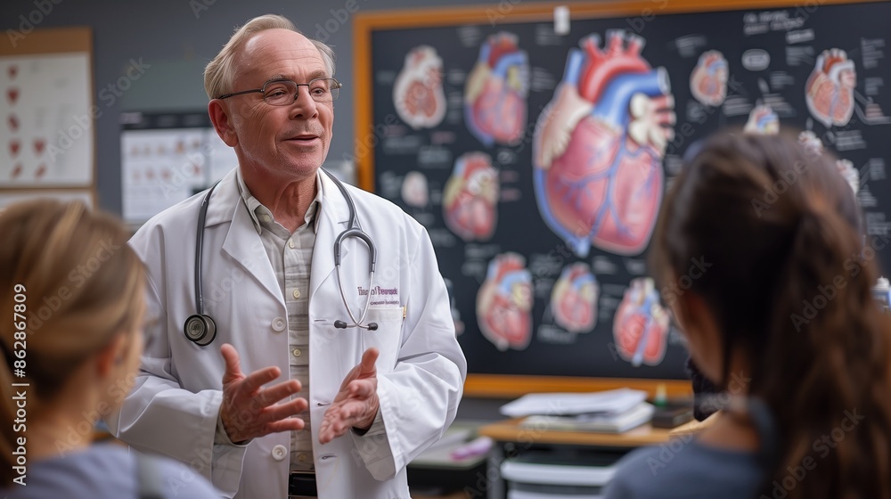 Doctor teaching students with heart diagrams. Doctor in a white coat ...