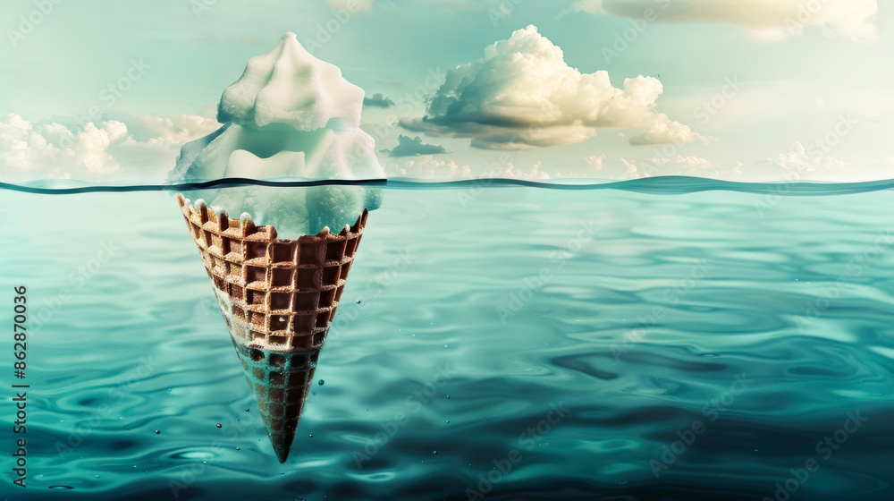 Half iceberg, half ice cream floats in ocean, submerged part is waffle ...