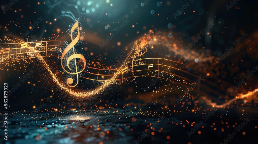 Glowing musical notes and staff lines on dark background with swirling ...