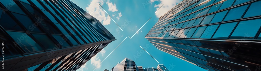 Tall buildings Blue sky creating upward perspective City skyscrapers ...