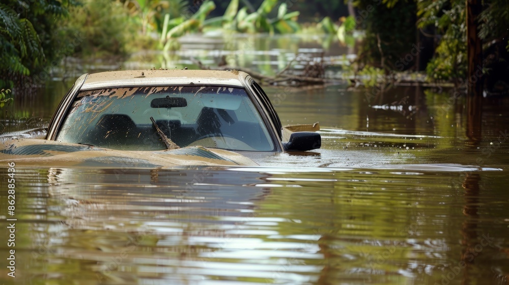 Car Driving Through Flooded Street During Heavy Rainfall, Encountering ...