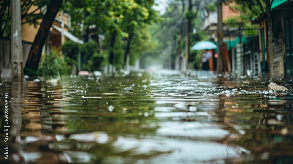 Severe Flooding in Urban Area with Overflowing River Waters, Streets Submerged and Buildings ...