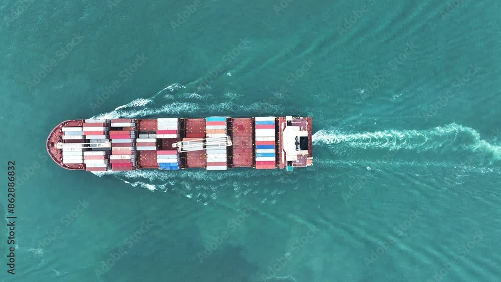 top view Cargo container ship carrying container and running in the ...