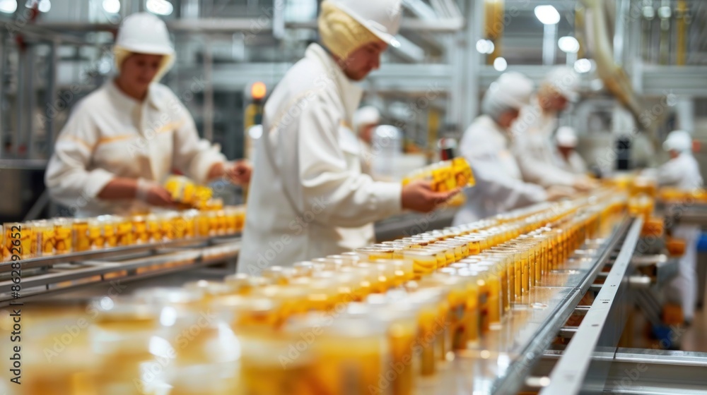 Workers inspecting packaged food products on the assembly line in a ...