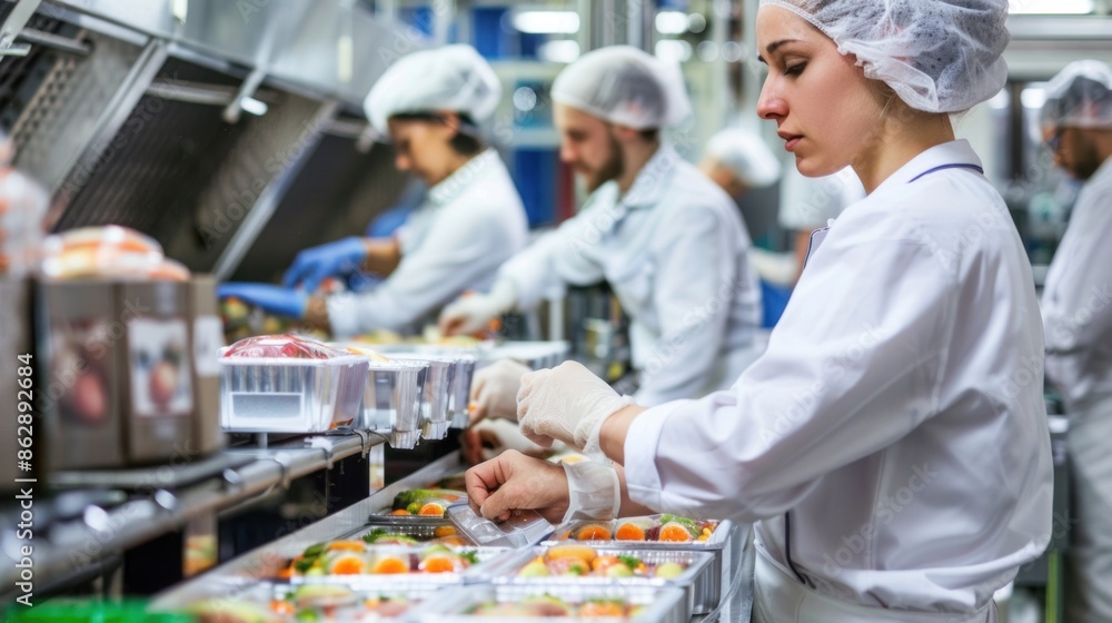 Workers inspecting packaged food products on the assembly line in a ...