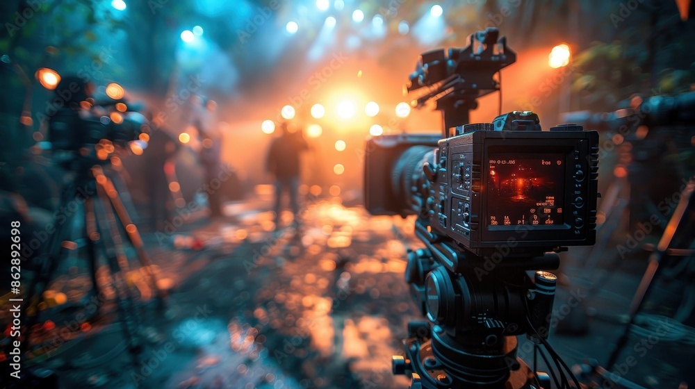 A behind-the-scenes look at a film set featuring a professional camera ...