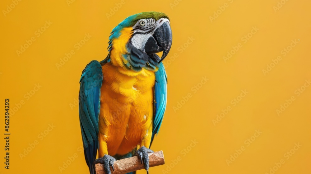 Portrait photography of Blue-and-gold Macaw bird catch standing on wood ...