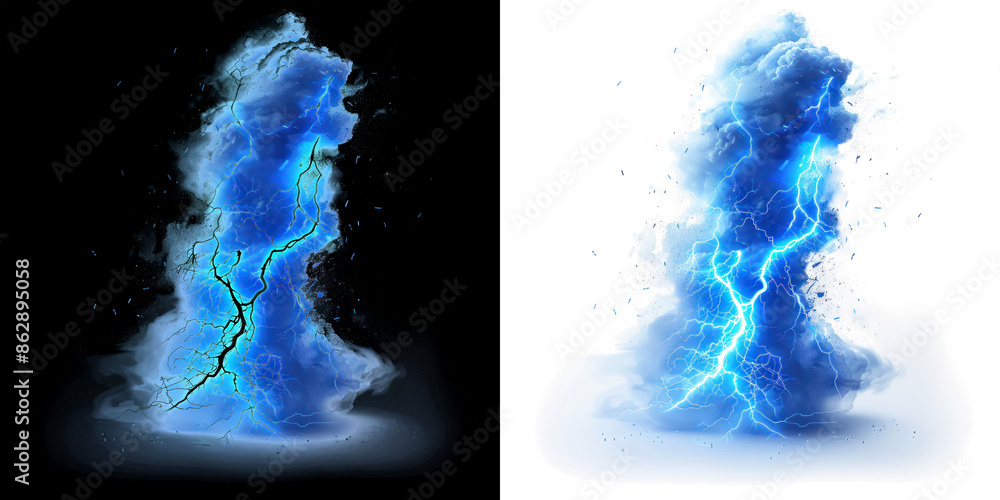 dynamic blue lightning bolt striking within a cloud-like formation ...