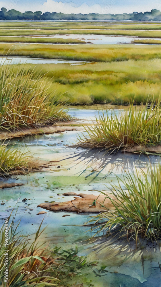 Watercolor painting: A vibrant salt marsh, with cordgrass swaying in ...