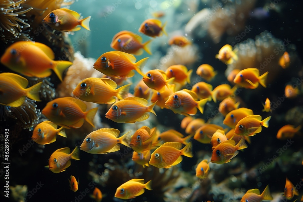 A School of Yellow Tangs Swimming in a Coral Reef Aquarium Stock Photo ...