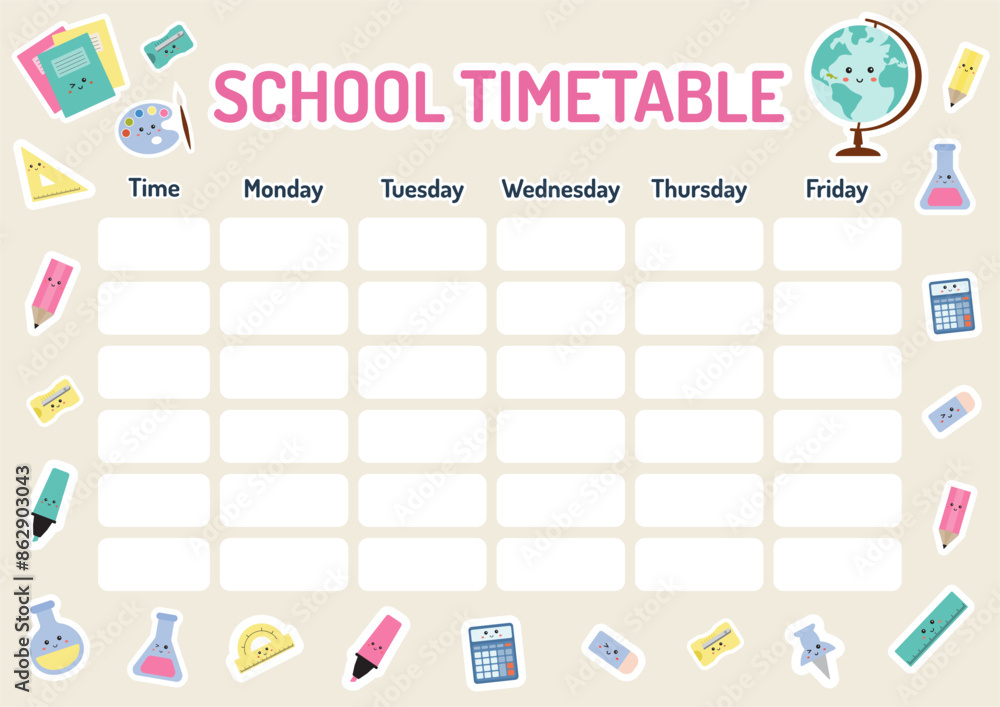 Education lessons plan. Template school timetable for students, pupils ...