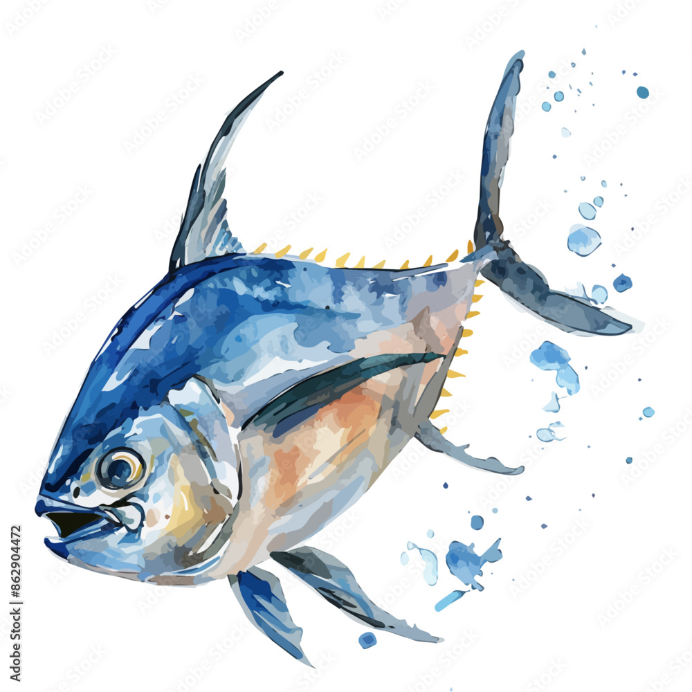 Watercolor drawing clipart of a tuna fish, isolated on a white ...