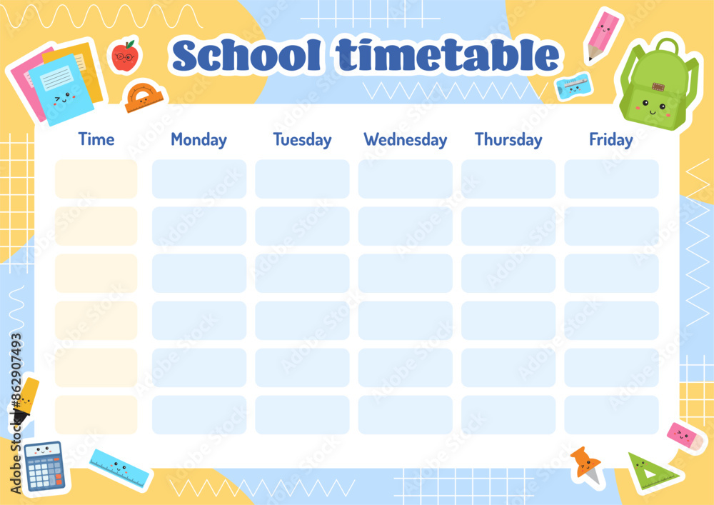 School timetable for kids, educational schedule, weekly planner ...