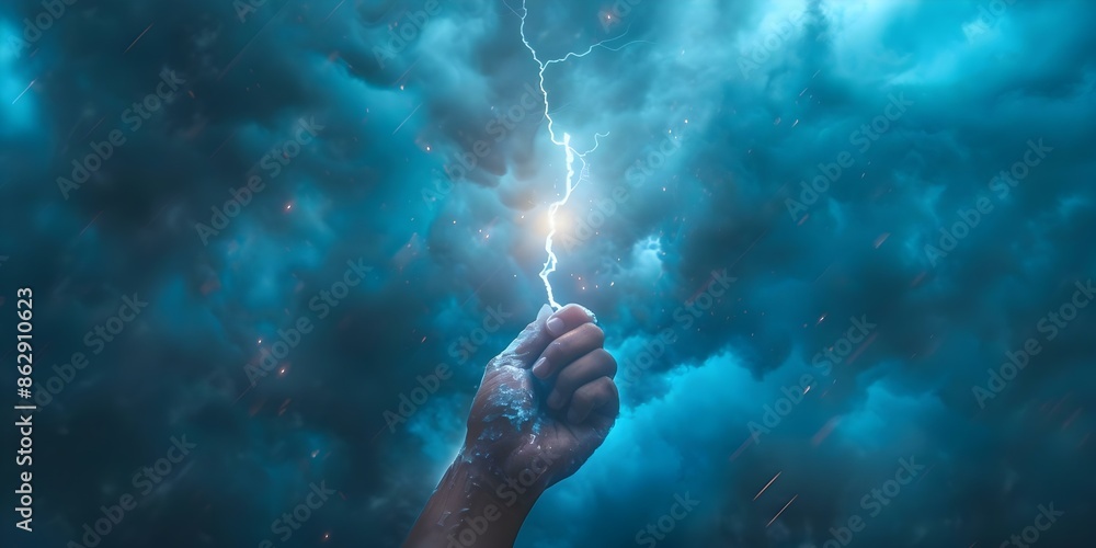 Harnessing the Power Hand holding lightning bolt against stormy blue ...