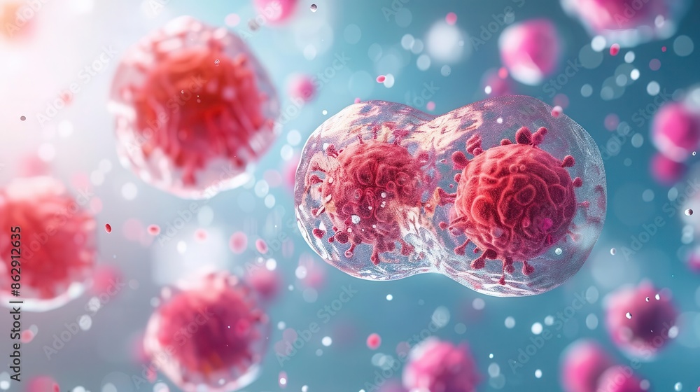 Abstract art depicting cell undergoing mitosis, splitting into two ...