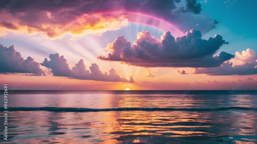 Rainbow colorful sunset on blue pink sky yellow clouds skyline, water ...