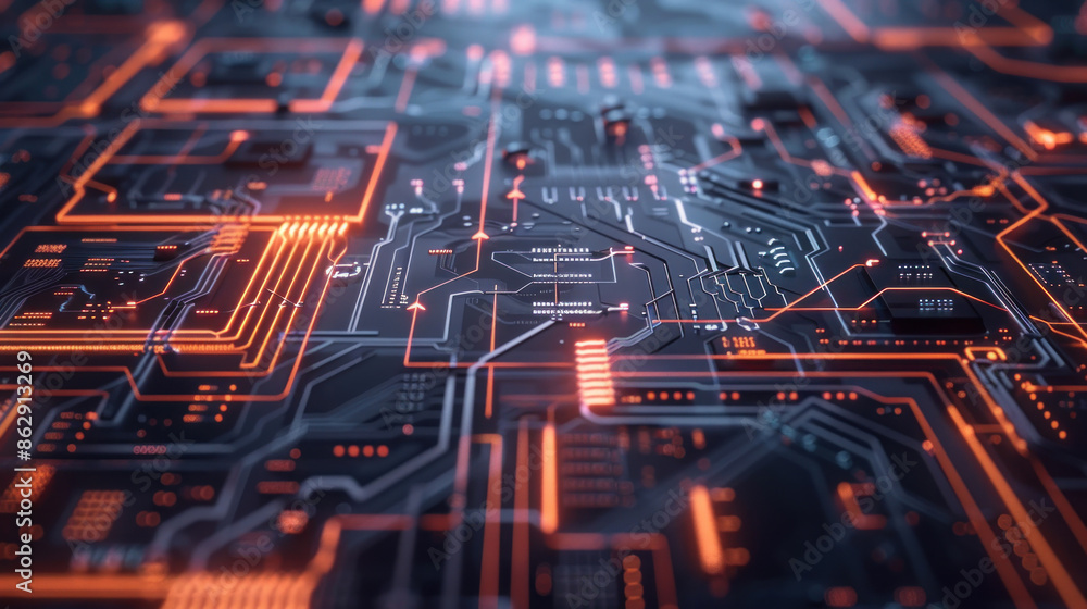 High-tech circuit board design with glowing lines and nodes Stock Photo ...