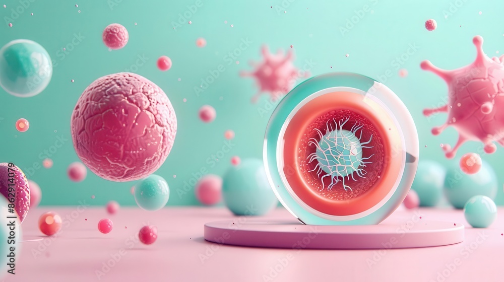Digital drawing of cell interior with nucleus, membrane, and cytoplasm ...