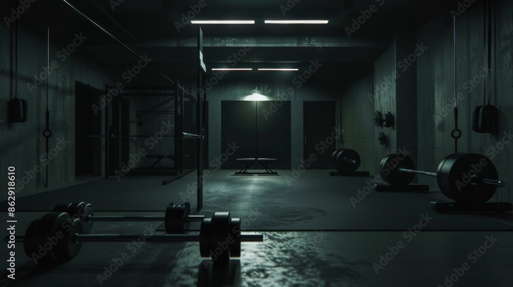 Moody depiction of a CrossFit box cloaked in shadows, empty barbells ...