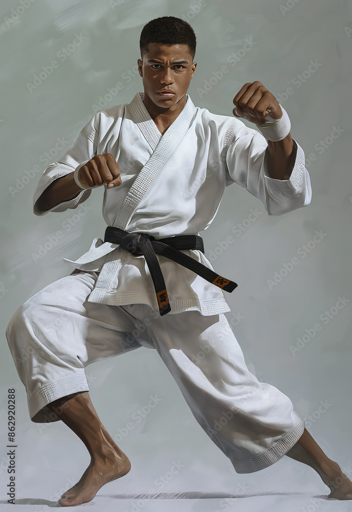 Full-Body Painting of Sports Athlete Performing a Turning Kick in ...