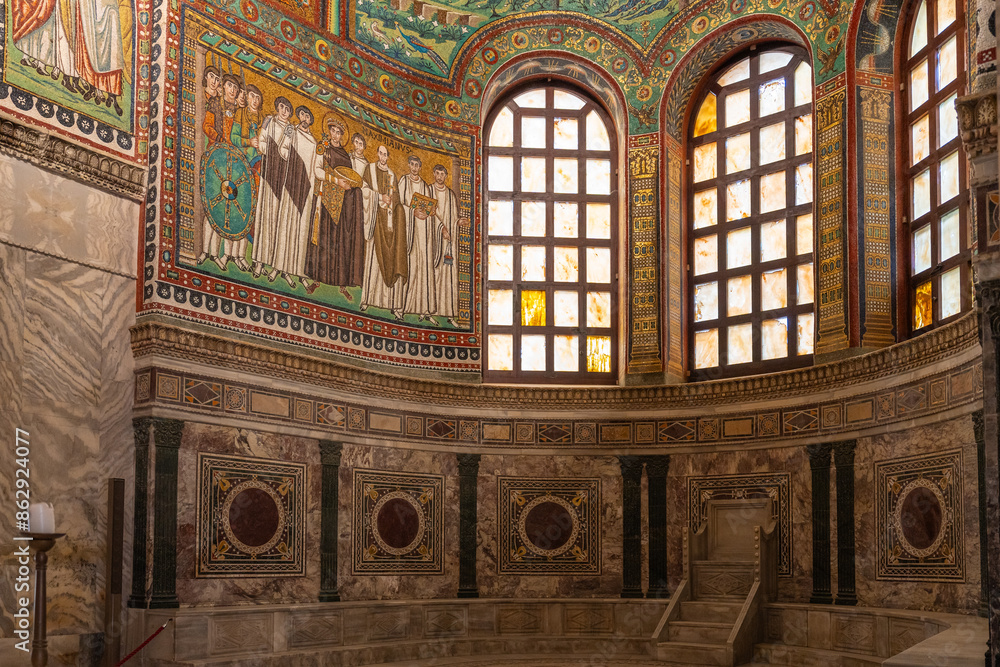 Historic mosaic of Emperor Justinian I decorating the interior of San ...