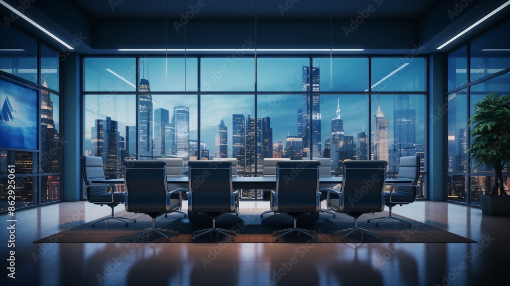 Sleek conference room in an office setting, featuring large windows ...