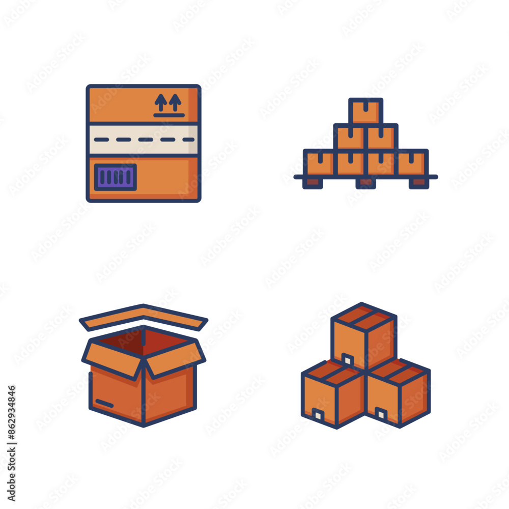 Packaging line icon set. Cardboard boxes, containers, pallets for cargo ...