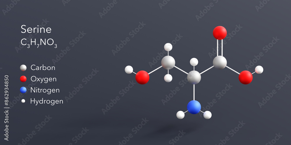 serine molecule 3d rendering, flat molecular structure with chemical ...