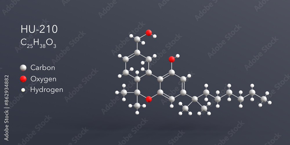 hu-210 molecule 3d rendering, flat molecular structure with chemical ...
