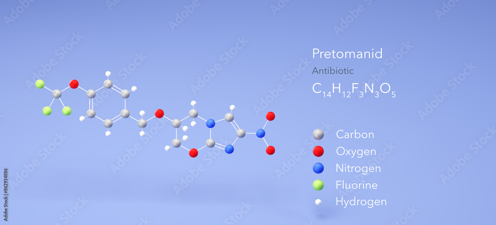pretomanid molecule, molecular structure, antibiotic, 3d model ...