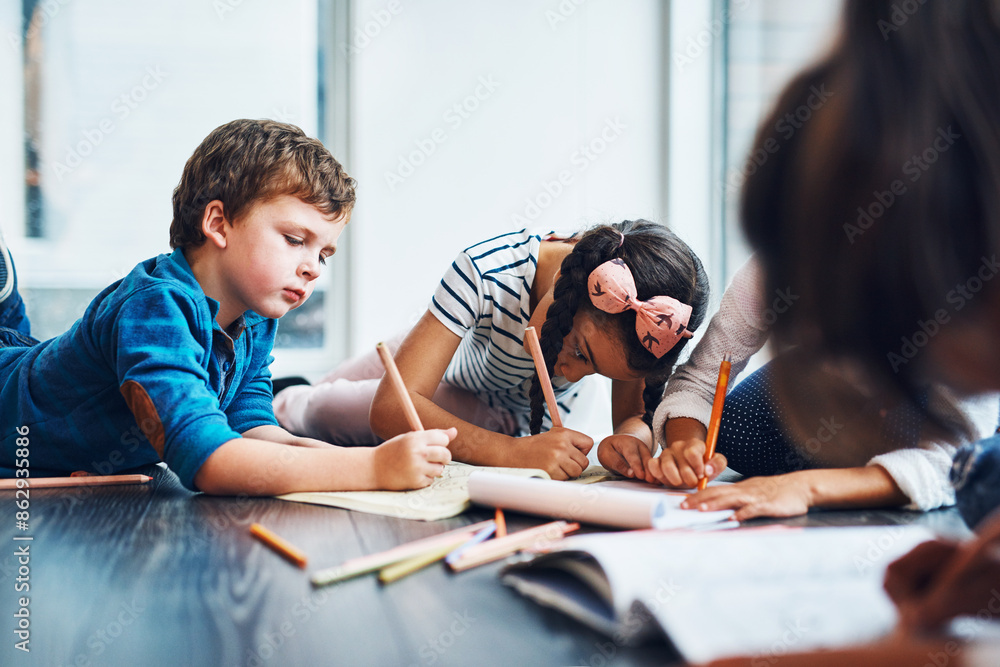 Drawing, crayons and children on floor with paper for creative lesson ...