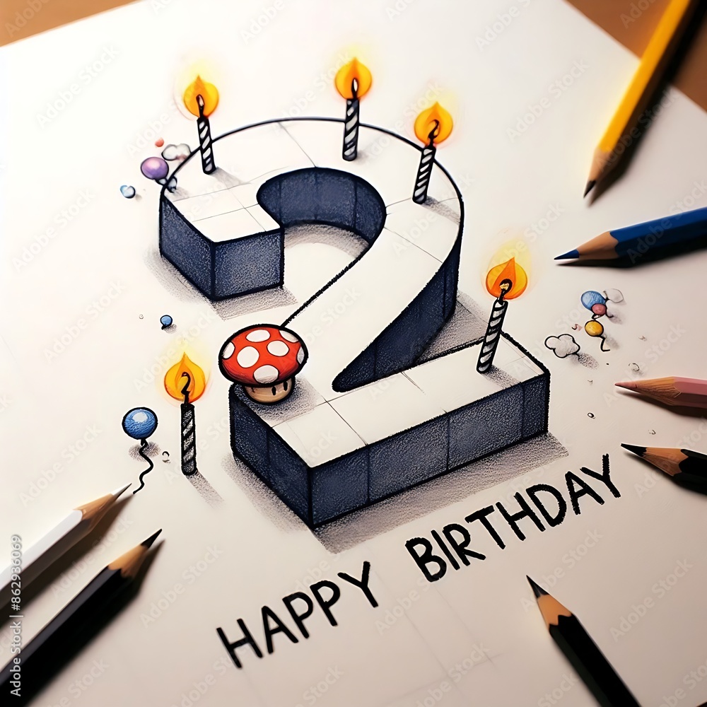 Colored pencil drawing dedicated to a second birthday. The number 2 ...