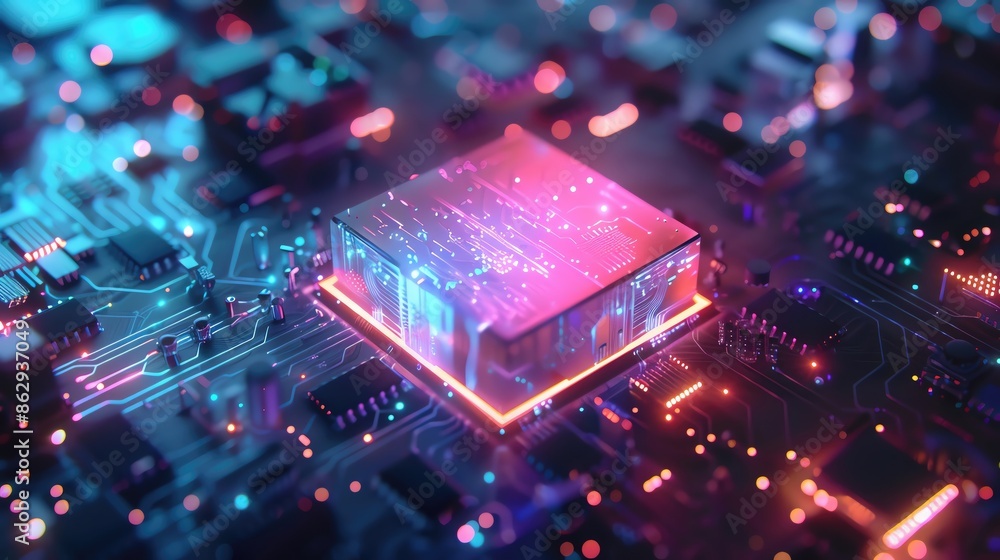 Futuristic microchip on an illuminated circuit board, depicting ...