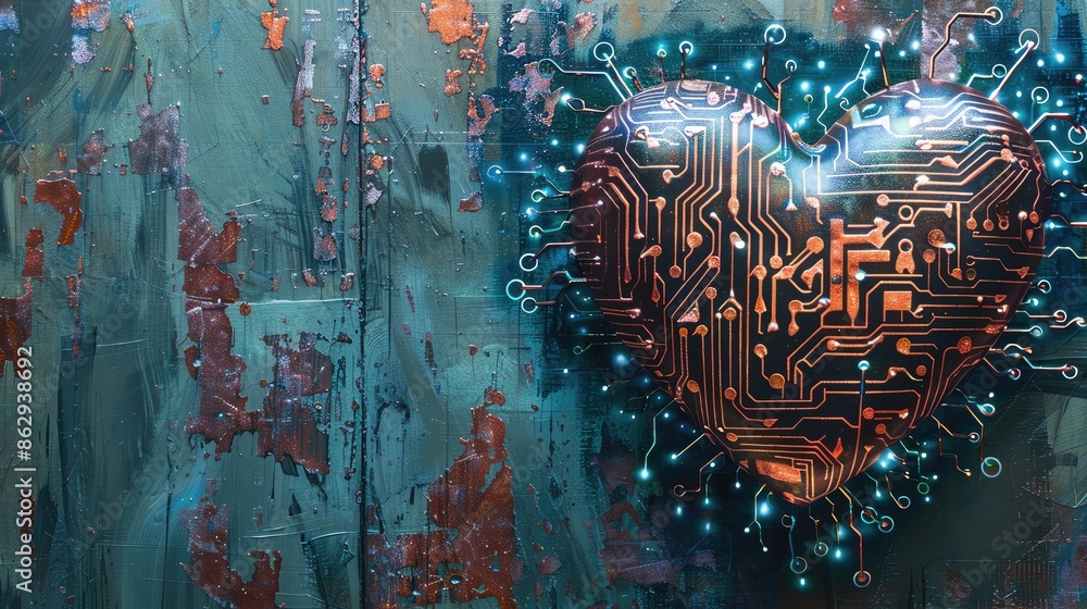 Futuristic heart-shaped circuit board on weathered, industrial ...