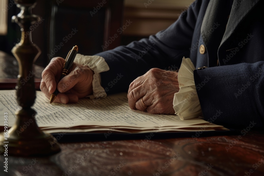 George Washington signing the Declaration of Independence, focused ...