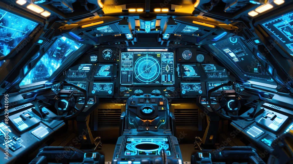 Futuristic spaceship cockpit with advanced controls and glowing screens ...